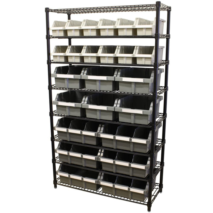 MAXIM HD 8 Shelf Commercial Bin Rack System with 24 Grey Bins Levellin ...